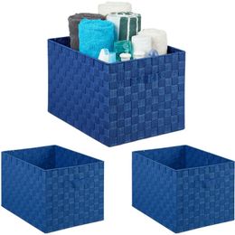 Relaxdays 3 x Aufbewahrungskorb mit Griff, Kunststoff, Regalkorb Flechtoptik, HxBxT: 26 x 40 x 30 cm, Badezimmer Körbchen, blau