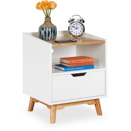 Relaxdays - Nachttisch mit Holzbeinen, skandinavisches Design, Schublade, offenes Fach, Betttisch 50 x 43 x 40 cm, weiß