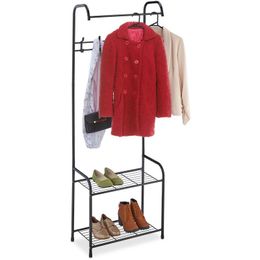 Garderobe mit Schuhablage, 4 Paar Schuhe, 4 Haken, 1 Kleiderstange, Flurgarderobe hbt 173 x 60 x 31cm, schwarz - Relaxdays