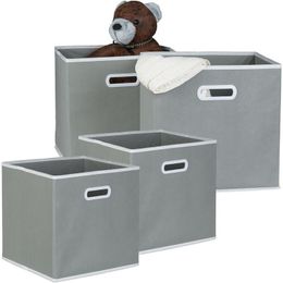 Relaxdays 4 x Faltbox, mit praktischen Griff, quadratisch, 30 x 30 cm, Stoff Aufbewahrungsbox ohne Deckel, Regalbox, grau/creme