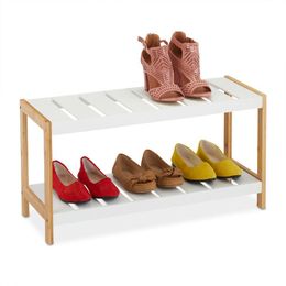 Schuhregal, 2 Ebenen, für 6 Paar Schuhe, offen, Schuhständer hbt: 36 x 70 x 26 cm, mdf, Bambus, weiß/natur - Relaxdays