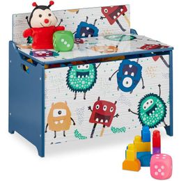 Spielzeugtruhe, Monster-Design, Spielzeugkiste mit Deckel, hbt: 50x60x36,5 cm, mdf, Spielzeugbox, blau/weiß - Relaxdays