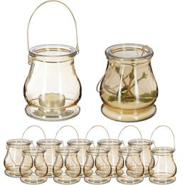 Windlicht, 12er Set, aus Glas, Henkel zum Aufhängen, innen & außen, Teelichthalter, HxD: 10 x 8,5 cm, gold - Relaxdays