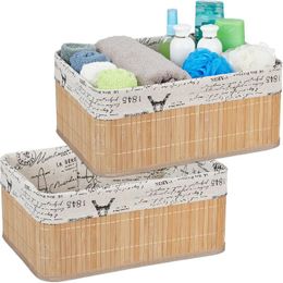 Relaxdays 2 x Aufbewahrungskorb, Stoffbezug mit Retro-Print, Bambus, rechteckig, Badezimmer Regalkorb hbt 16,5x38x28,5 cm, natur