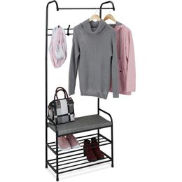 Garderobe mit Schuhablage & Sitzbank, Metall, stehend, Flurgarderobe mit 4 Haken, hbt: 173x64x30 cm, schwarz - Relaxdays