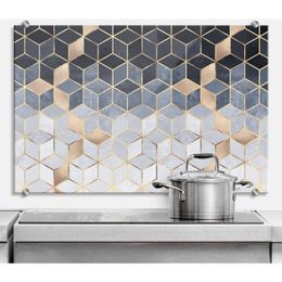 K&L WALL ART Glas Spritzschutz inkl Montagematerial Küchenrückwand Blaue Würfel Gold Geometrie 100x70cm - blau