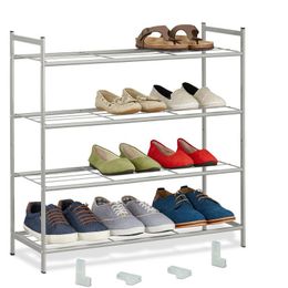 Schuhregal, Metall, mit 4 Ebenen, stapelbar, erweiterbar, hbt: 70 x 70 x 26 cm, bis zu 12 Paar Schuhe, silber - Relaxdays