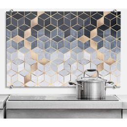 K&L WALL ART Glas Spritzschutz inkl Montagematerial Küchenrückwand Blaue Würfel Gold Geometrie 60x40cm - blau