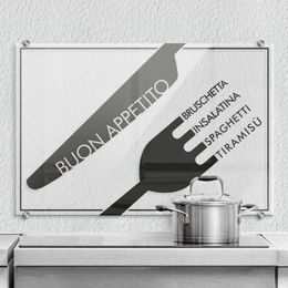 K&L WALL ART Esg Glasbild Spritzschutz Küche Italienisch Schriftzug Transparent Buon Appetito 100x70cm - schwarz