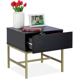 Nachttisch schwarz, quadratischer Beistelltisch m. Schublade, Holz, goldenes Metallgestell, 50x50x50 cm, black - Relaxdays