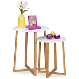 Beistelltisch 2er Set, runde Satztische, 48,5 & 60,5 cm hoch, modernes Design, Wohnzimmertisch, natur/weiß - Relaxdays