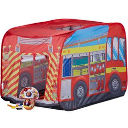 Spielzelt Feuerwehr, Pop up Kinderzelt mit Automotiv, für Drinnen und Draußen, 100x70x70 cm, ab 3 Jahre, rot - Relaxdays