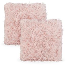 Relaxdays 2 x flauschige Kissen, mit Füllung, Fellkissen kuschelweich, Fluffy Zottel Bezug, Plüsch Zierkissen 35x40 cm, rosa