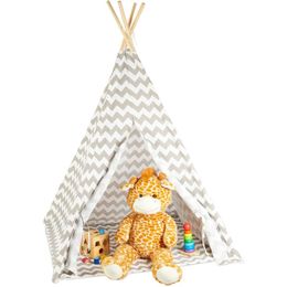 Tipi Zelt, Spielzelt mit Boden, inklusive Tragetasche, Wigwam Kinderzelt, HxBxT: 160 x 115 x 115 cm, weiß-grau - Relaxdays