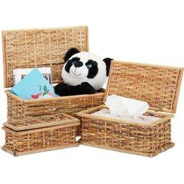 Relaxdays - Körbchen 3er-Set Rattan, Deckel, geflochten, Wohnzimmer, Korbset, Dekokiste, 10 l Volumen, Landhaus, natürlich