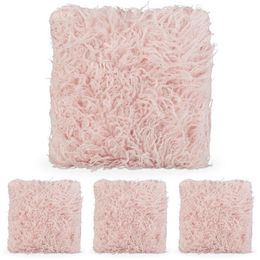 Relaxdays - 4 x flauschige Kissen, mit Füllung, Fellkissen kuschelweich, Fluffy Zottel Bezug, Plüsch Zierkissen 35x40 cm, rosa