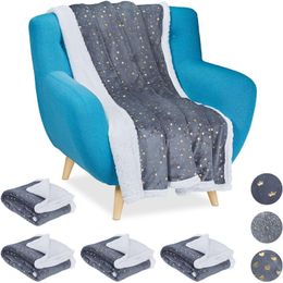 Relaxdays - 5 x Kuscheldecke goldene Sterne, zweiseitige Couchdecke, flauschige Decke mit Lammfelloptik, weich, 150x200cm, grau/weiß