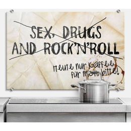 K&L WALL ART Esg Glasbild Spritzschutz lustiger Spruch Sex Drugs Rock n Roll Nur Kaffee 80x60cm - braun