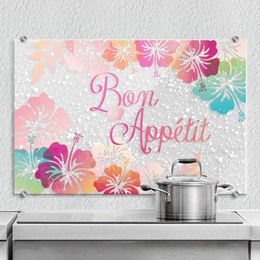 K&L WALL ART Esg Glasbild Spritzschutz Küche Schriftzug Transparent Bon Appetit Lotus Blüten 80x60cm - bunt