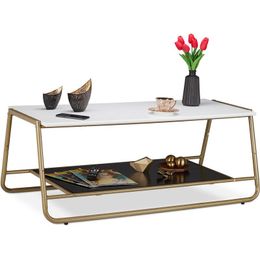 Couchtisch, goldene Metallbeine, 2 Tischplatten, dekorativ, moderner Wohnzimmertisch, hbt 42x110x55 cm, weiß - Relaxdays
