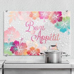 K&L WALL ART Esg Glasbild Spritzschutz Küche Schriftzug Transparent Bon Appetit Lotus Blüten 60x40cm - bunt