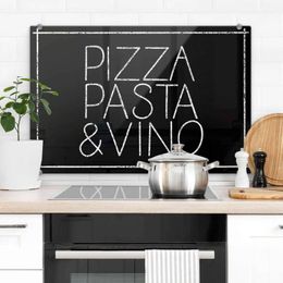 K&L WALL ART ESG Glasbild Spritzschutz Herd Küchenrückwand Schriftzug Pizza Pasta Vino 100x70cm - schwarz