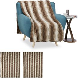 Relaxdays 3 x Felldecke Kunstfell, Kuscheldecke für Couch, Bett, doppellagige flauschige Tagesdecke, Größe 150x200 cm, braun