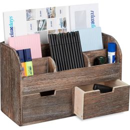 Relaxdays - Organizer Schreibtisch, 6 Fächer, 2 Schubladen, Büro, Dokumentenhalter aus Holz, hbt 25x36,5x15cm, dunkelbraun