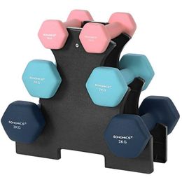 Songmics - Kurzhantel Set 12kg:2 x 1 kg, 2 x 2 kg, 2 x 3 kg Hexagon mit Hantelständer Krafttraining zu Hause Fitnessstudio rosa aquamarin und blau