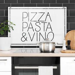 K&L WALL ART Esg Glasbild Spritzschutz Herd Küchenrückwand Schriftzug Pizza Pasta Vino 80x60cm - weiß