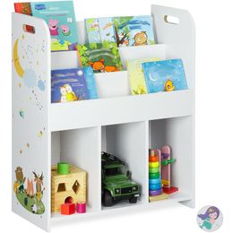 Relaxdays Kinderregal, Spielsachen & Bücher, Mädchen & Jungs, Lagerfeuer Motiv, Spielzeugregal, 75 x 62 x 29 cm, weiß