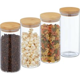 Vorratsgläser mit Bambusdeckel, 4er Set, runde Vorratsdosen aus Glas, 1300 ml, luftdicht, transparent/natur - Relaxdays