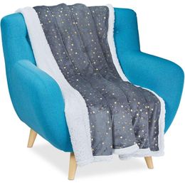 Relaxdays - Kuscheldecke, goldene Sterne, flauschige Decke mit Lammfelloptik, zweiseitige Couchdecke, 150x200cm, grau/weiß