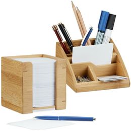 Relaxdays - 2 tlg. Schreibtisch Set, Schreibtisch-Organizer mit Stiftehalter, Zettelbox mit Notizzetteln 900 Blatt, aus Bambus