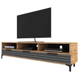 Selsey - rikke 3D - TV-Lowboard - TV-Schrank mit 3D-Fronten in Matt, stehend, 160 cm breit (Wotan Eiche / Grau, ohne led)
