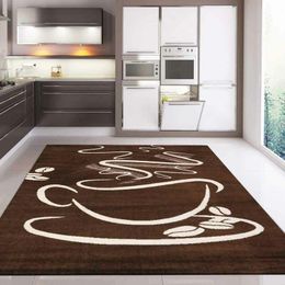 Küchenteppich Braun Trendiger Kaffee Teppich, Cappuccino Muster Tasse Kurzflor,120 x 170 cm