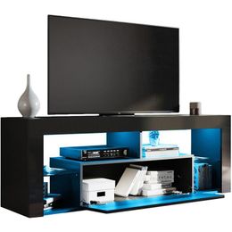Tv Schrank Schwarz tv Lowboard mit led Beleuchtung 140x35x50.5cm, mit Klapptür Glasregal Hochglanz TV-Möbel - Sonni