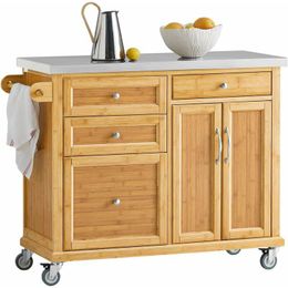FKW70-N Kücheninsel Luxus-Küchenwagen Küchenschrank aus hochwertigem Bambus mit Edelstahlarbeitsplatte Rollwagen bht ca.: 115x92x46cm - sobuy