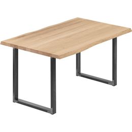 Lamo Manufaktur - Esstisch Küchentisch Schreibtisch Couchtisch aus Massivholz, mit Baumkante 120x60x76 cm (AxBxH), Loft, Natur / Rohstahl mit