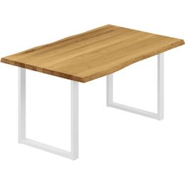 Esstisch Küchentisch Schreibtisch Couchtisch aus Massivholz, mit Baumkante 100x60x76 cm (AxBxH), Loft, Rustikal / Weiss, LOB-01-A-003-9016L - Lamo