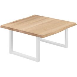 LAMO Manufaktur Esstisch Küchentisch Schreibtisch Couchtisch aus Massivholz, mit Baumkante 60x60x47 cm (AxBxH), Loft, Natur / Weiss,