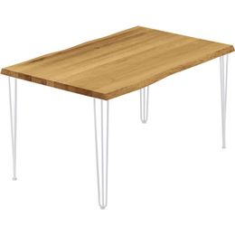 Esstisch Küchentisch Schreibtisch Couchtisch aus Massivholz, mit Baumkante 100x80x76 cm (AxBxH), Creative, Rustikal / Weiss, LUB-01-A-003-9016Cr