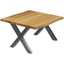 Esstisch Küchentisch Schreibtisch Couchtisch aus Massivholz, mit Baumkante 60x60x47 cm (AxBxH), Design, Rustikal / Rohstahl mit Klarlack,