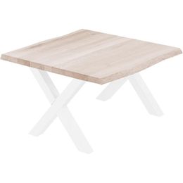 LAMO Manufaktur Esstisch Küchentisch Schreibtisch Couchtisch aus Massivholz, mit Baumkante 60x60x47 cm (AxBxH), Design, Roh / Weiss,