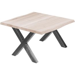 Esstisch Küchentisch Schreibtisch Couchtisch aus Massivholz, mit Baumkante 60x60x47 cm (AxBxH), Design, Roh / Rohstahl mit Klarlack,