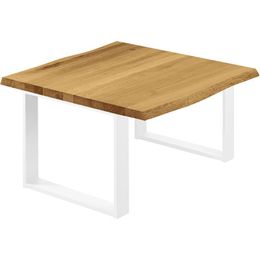 Esstisch Küchentisch Schreibtisch Couchtisch aus Massivholz, mit Baumkante 60x60x47 cm (AxBxH), Modern, Rustikal / Weiss, LKB-01-A-003-9016M - Lamo