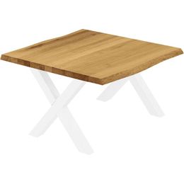 Lamo Manufaktur - Esstisch Küchentisch Schreibtisch Couchtisch aus Massivholz, mit Baumkante 60x60x47 cm (AxBxH), Design, Rustikal / Weiss,