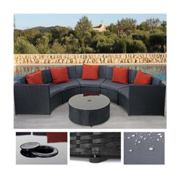 Poly-Rattan Garnitur rund MCW-E17, Garten-Set Sitzgruppe ~ schwarz, Polster dunkelgrau, Kissen terracotta