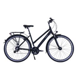 Hawk Trekking Premium Fahrrad, Black Damen 28 Zoll, Rahmenhöhe 48cm – Fahrrad mit Microshift 24 Gang Kettenschaltung & Beleuchtung I Allrounder I Schwarz
