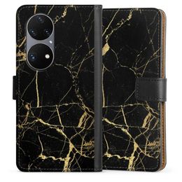 DeinDesign Handyhülle Marmor schwarz Muster BlackGoldMarble Look, Huawei P50 Pro Hülle Handy Flip Case Wallet Cover Handytasche Leder